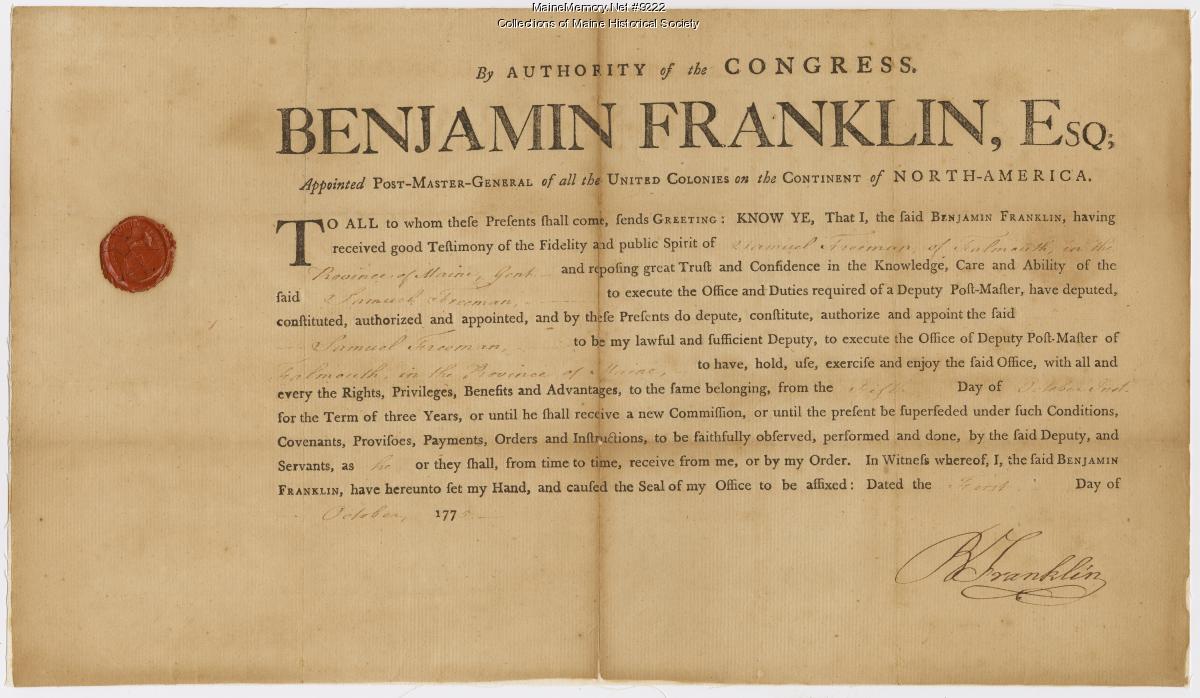 Samuel Freeman postmaster appointment, 1775 - Maine Memory Network
