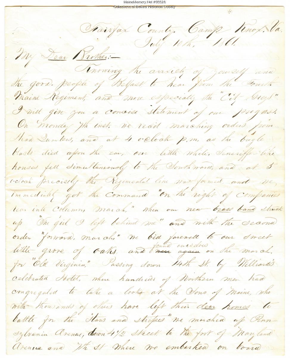 Civil War Letter, Alden D.Chase, Belfast, 1861 - Maine Memory Network